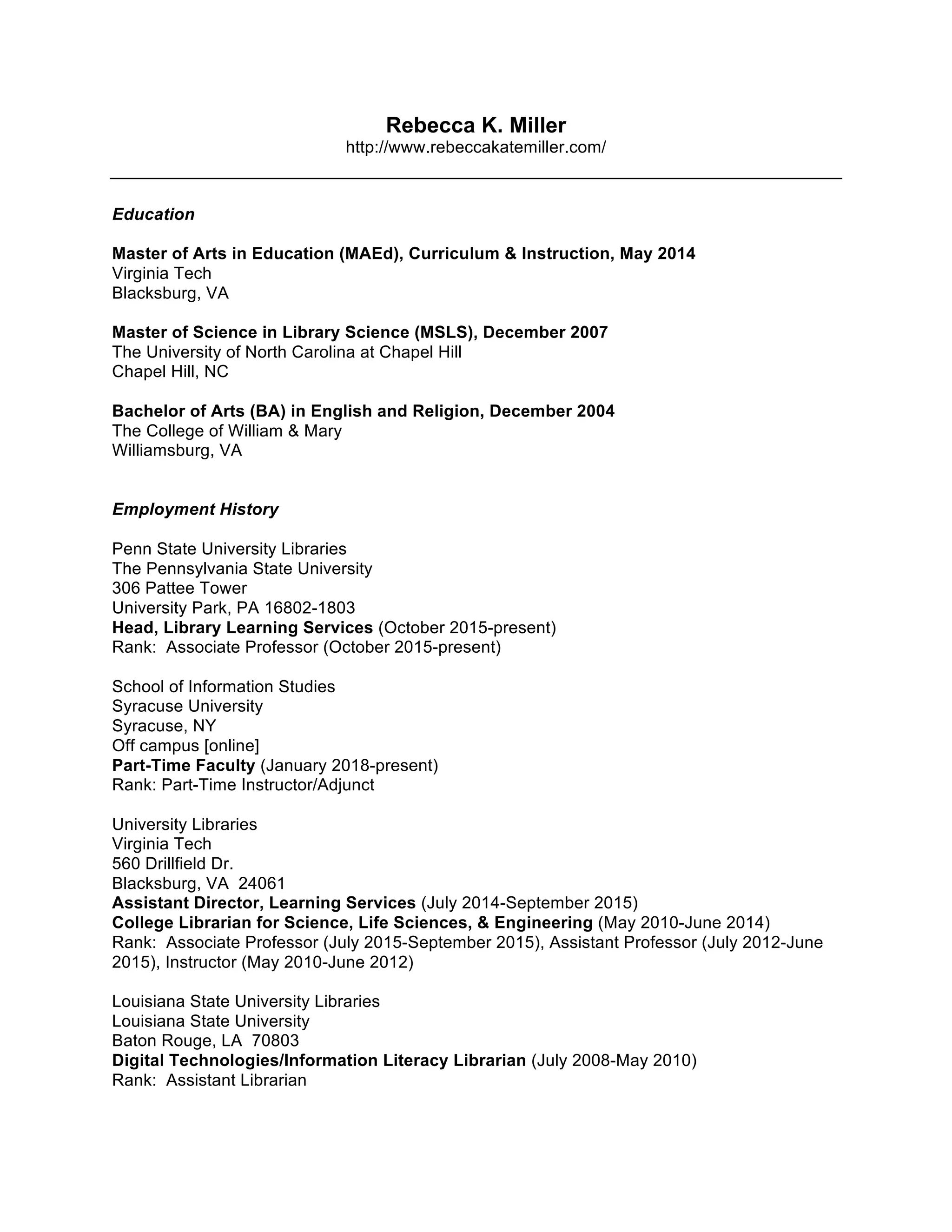 Rebecca K. Miller's CV | PDF
