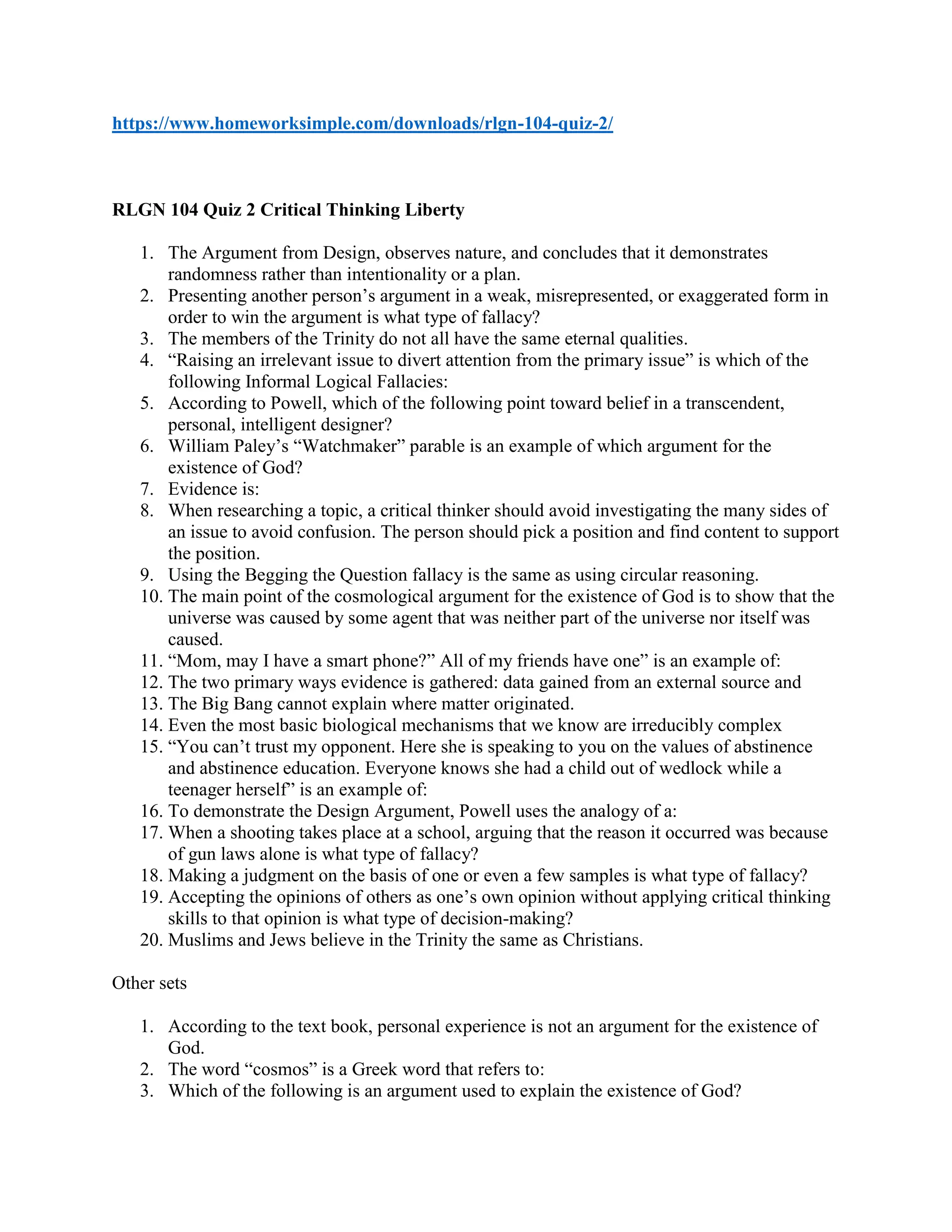 RLGN 104 Quiz 2 Critical Thinking Liberty homeworksimple.com.docx
