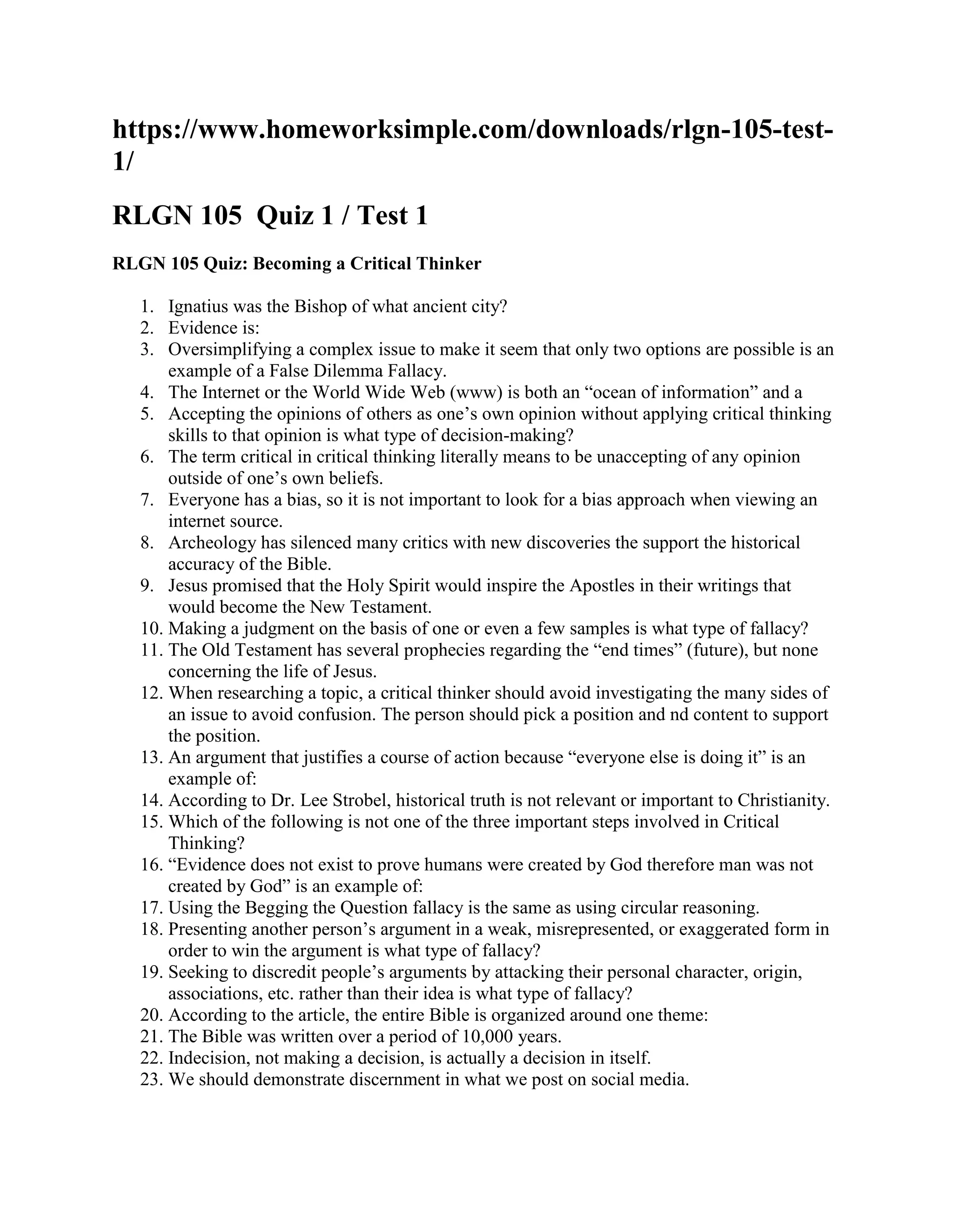 RLGN 105 Quiz 1 Liberty University HomeworkSimple | DOCX