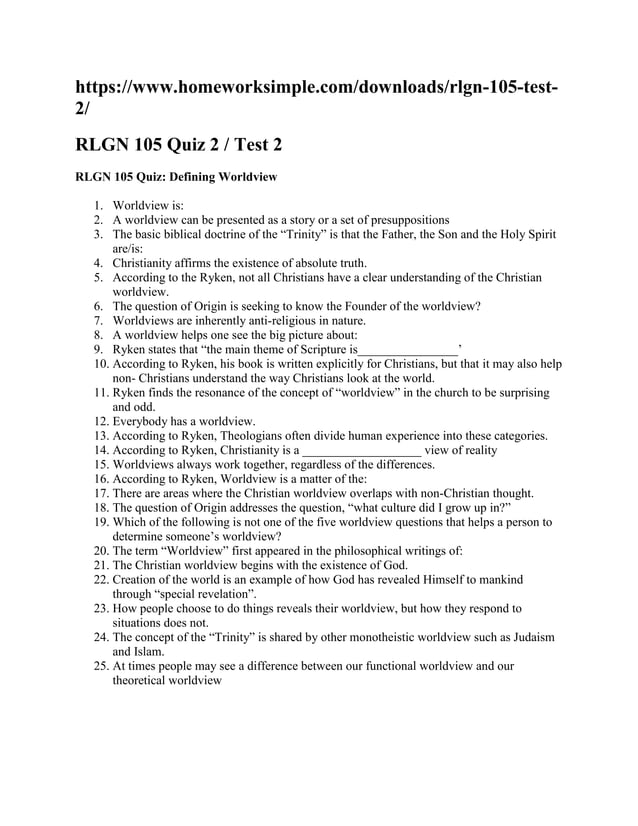 RLGN 105 Quiz 2 Liberty University Homework Simple | PDF