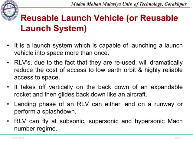 Reusable Launch Vehicle (or Reusable Launch System), RLVs | PPT