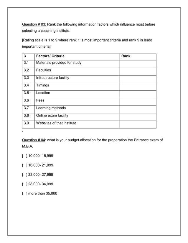 questionnaire on Buying behaviour of student before selecting MBA ...