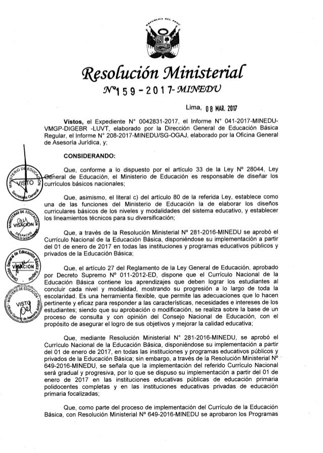 RESOLUCIÓN MINISTERIAL N°159-2017 MINEDU.