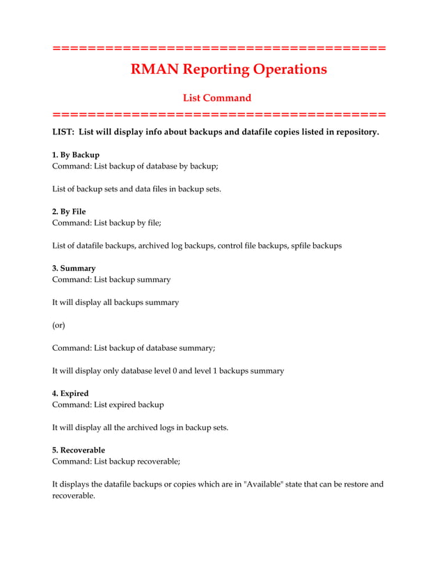 Rman Reporting Opertions - LIST & REPORT | PDF