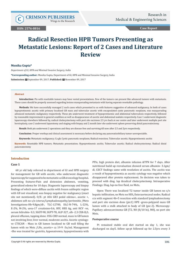 Radical Resection HPB Tumors Presenting as Metastatic Lesions: Report of 2 Cases and Literature ...