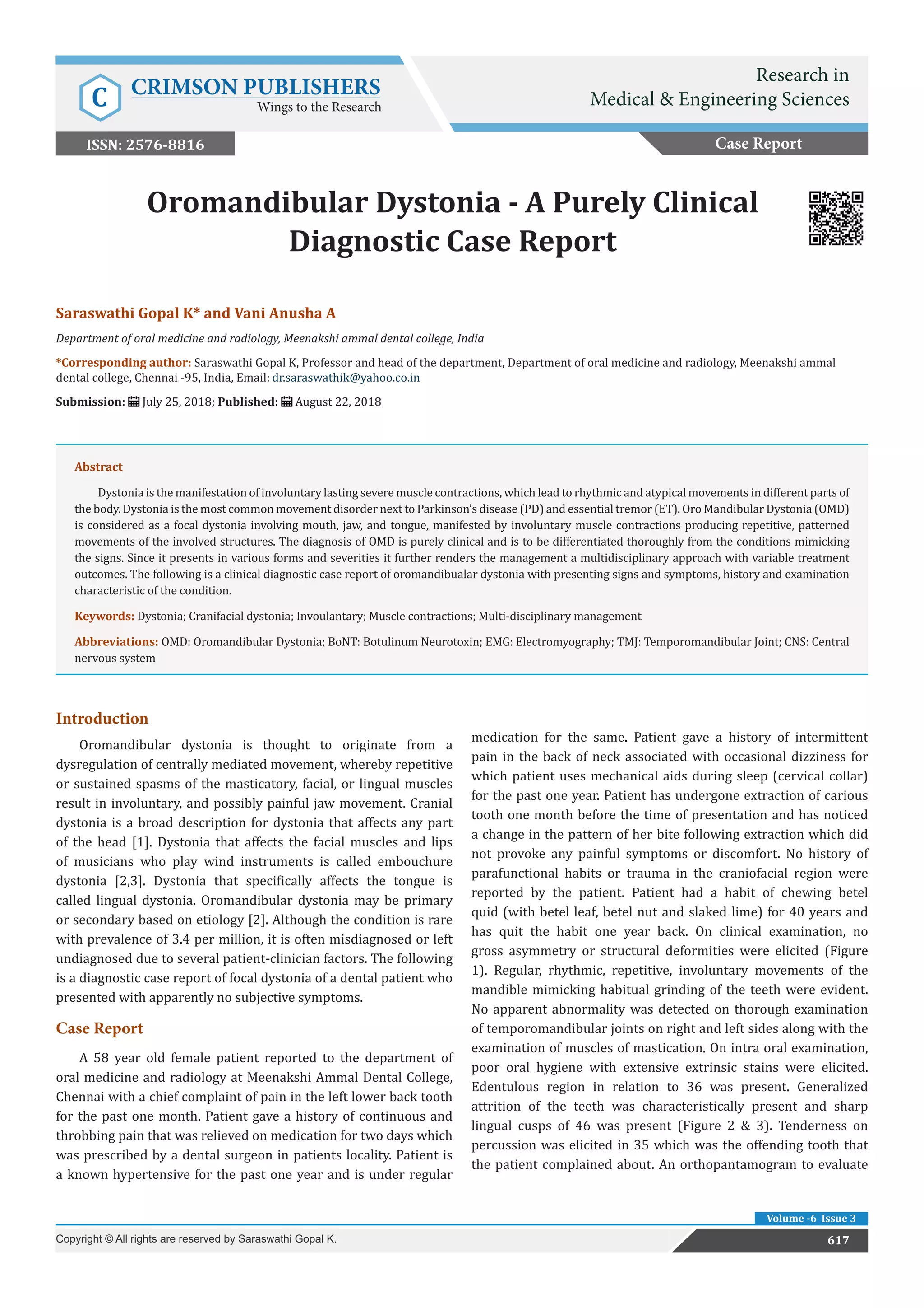 Oromandibular Dystonia - A Purely Clinical Diagnostic Case Report | PDF