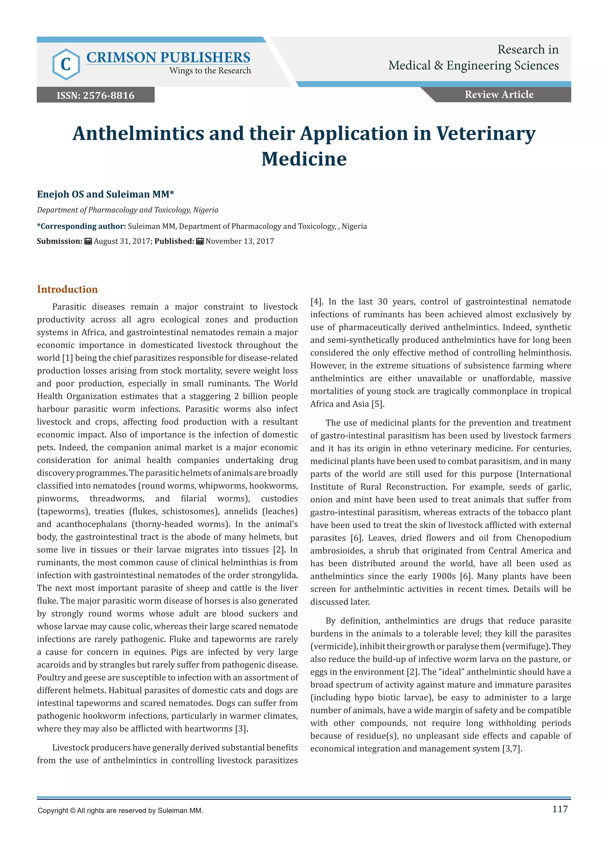 Anthelmintics and their Application in Veterinary Medicine | PDF