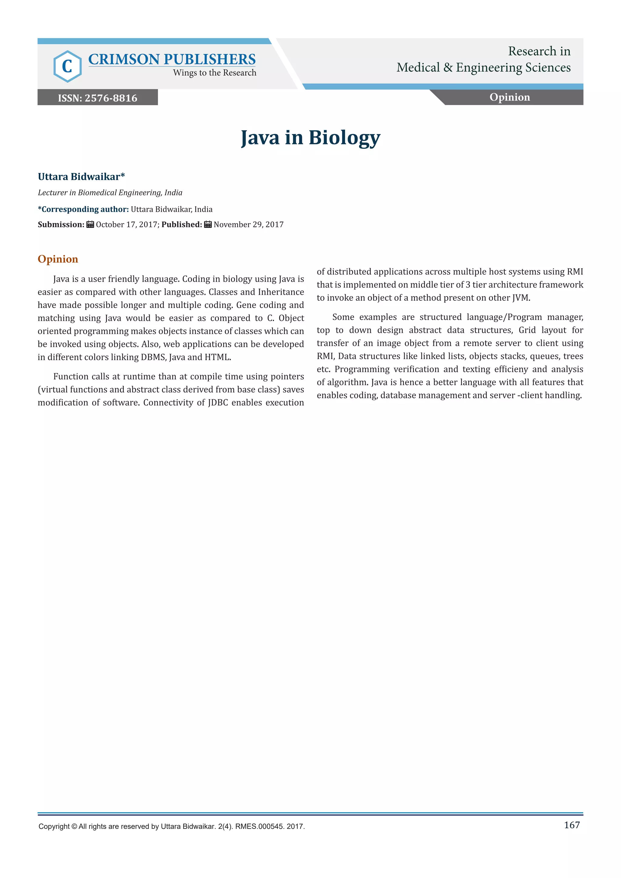 Java in Biology by Uttara Bidwaikar in Research in Medical ...