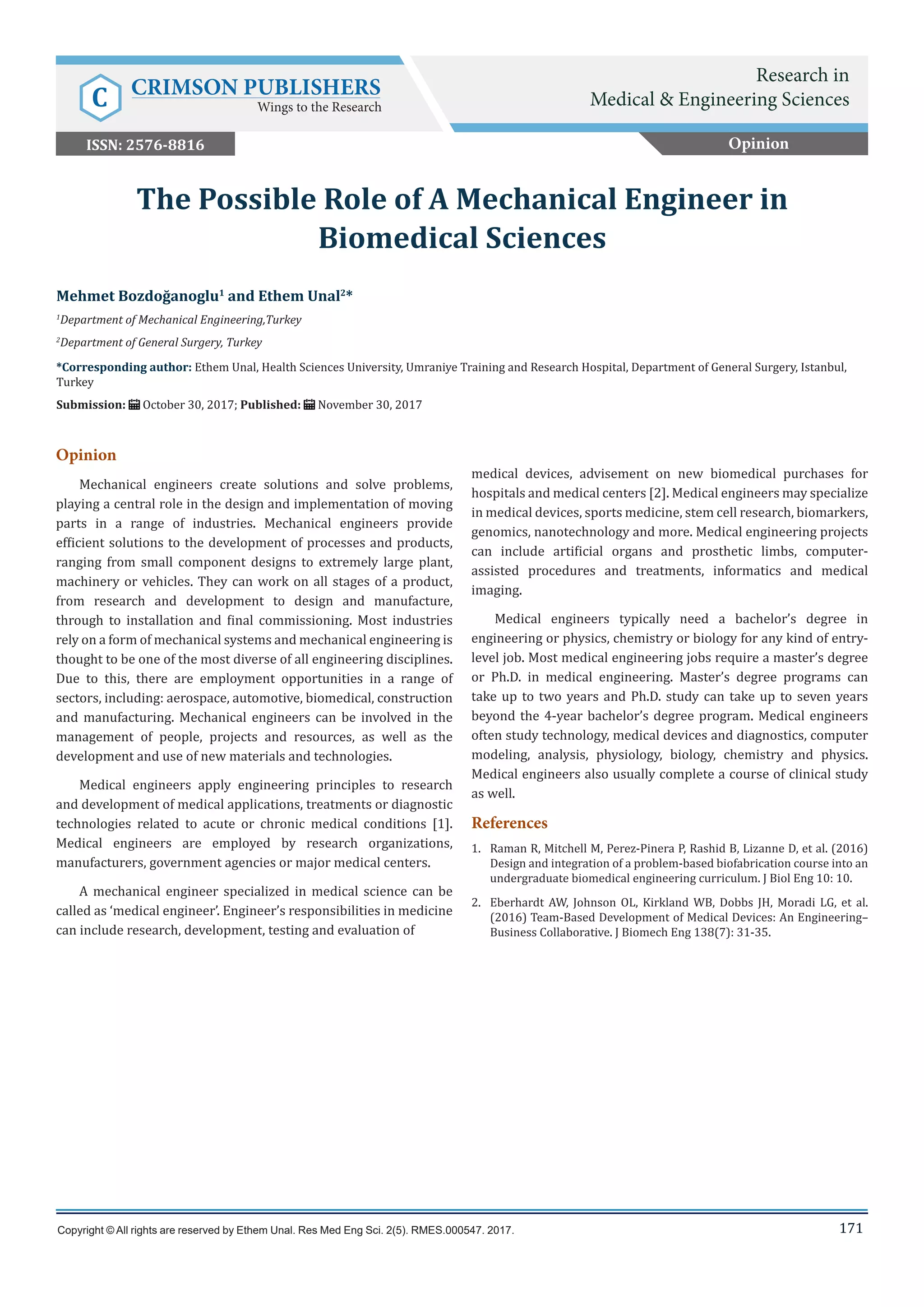 The Possible Role of A Mechanical Engineer in Biomedical Sciences | PDF