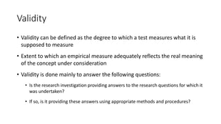 Validity and Reliability - Research Mangement | PPTX