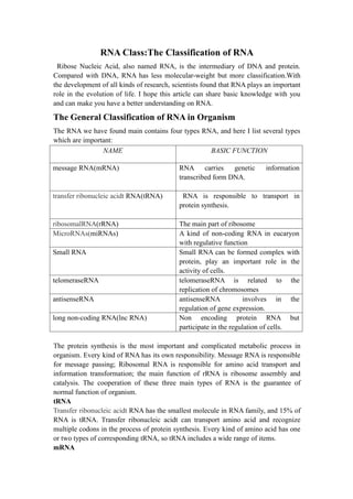 RNA Class:The Classification of RNA | PDF | Biological Sciences | Science