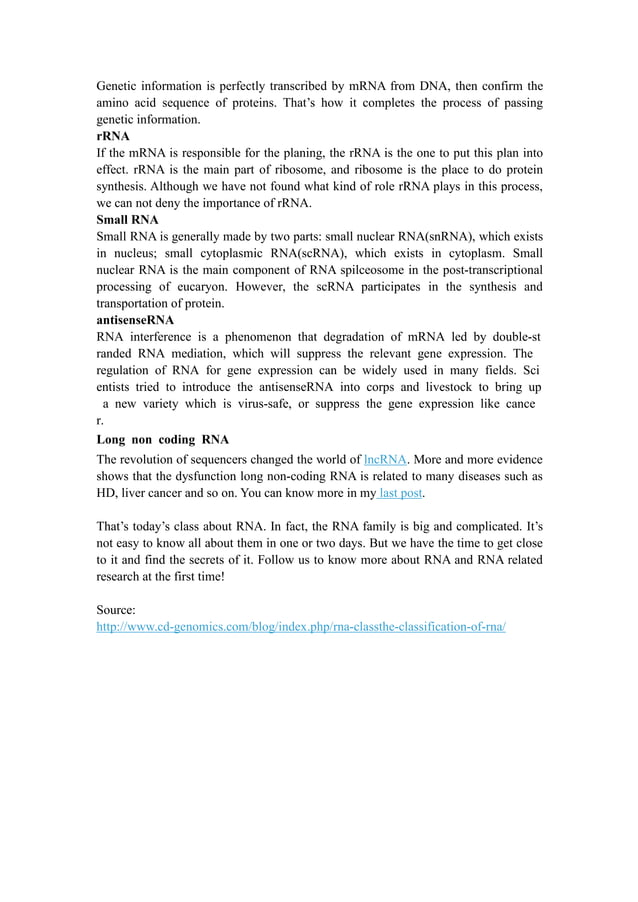 RNA Class:The Classification of RNA | PDF
