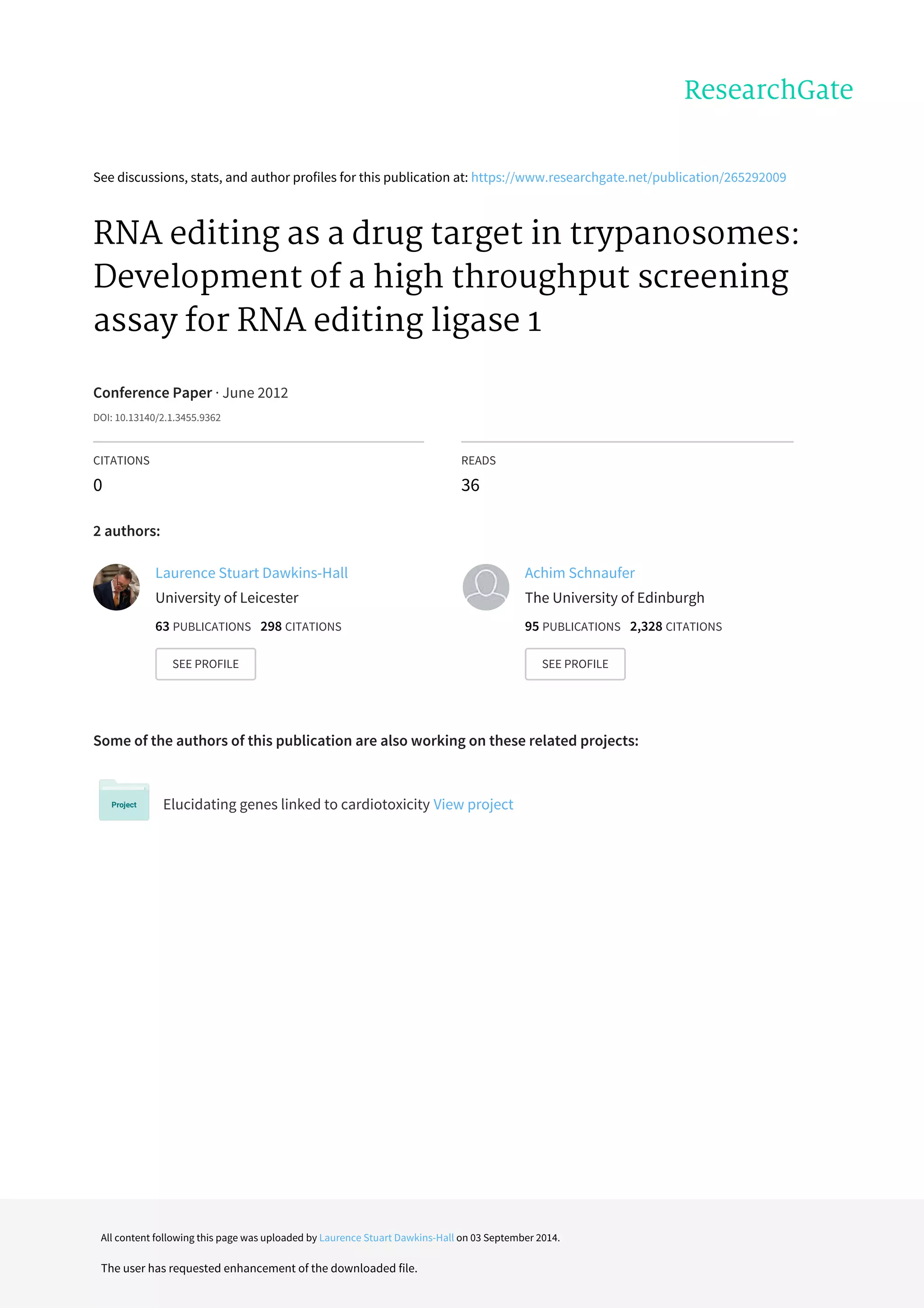 RNA editing as a drug target in tryp. development of a high throughput ...