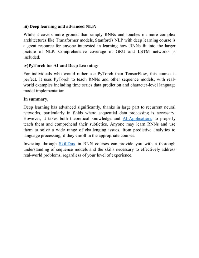Recurrent Neural Network Courses for learners | PDF