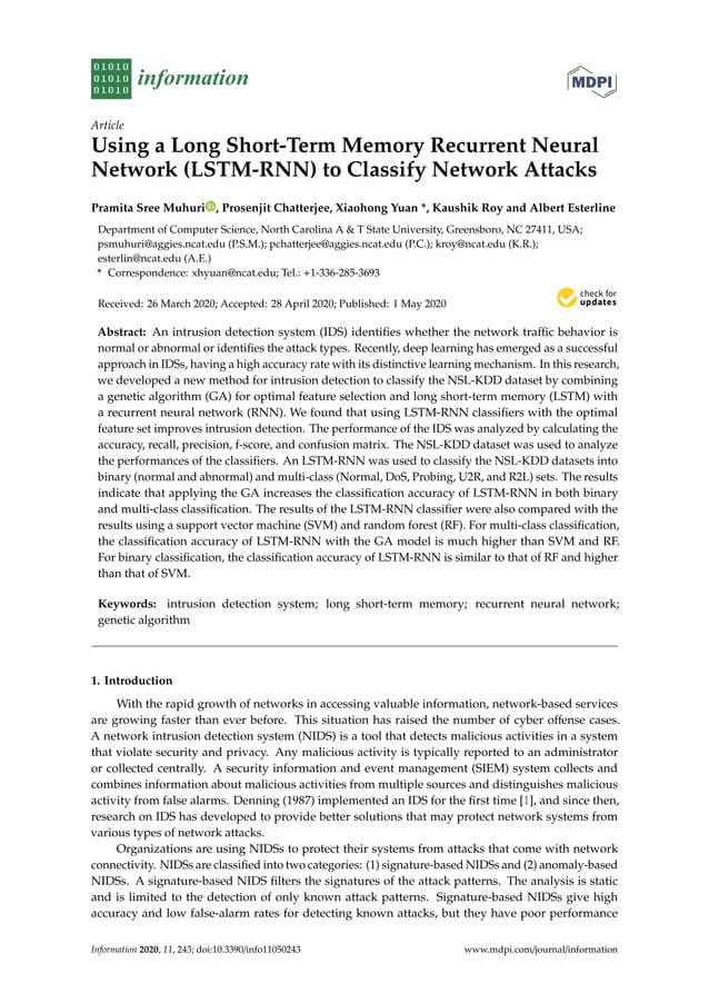 Using A Long Short Term Memory Recurrent Neural Network Lstm Rnn To Classify Network Attacks Pdf