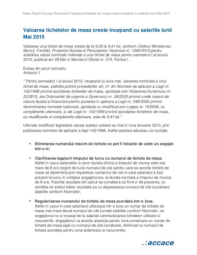 Noutati privind normele de aplicare a Legii 142/1998 privind acordarea tichetelor de masa