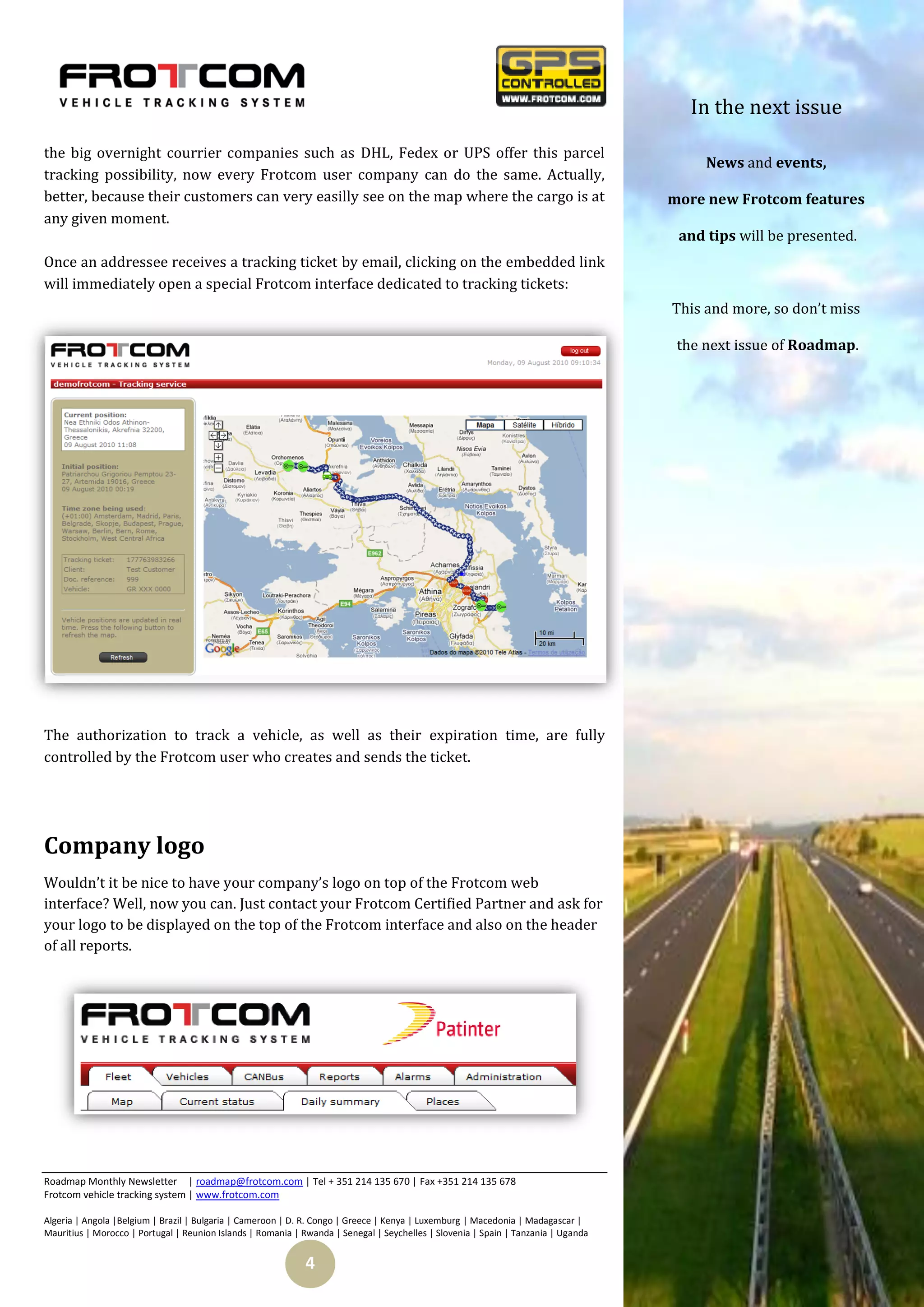 August 2010 - Frotcom Roadmap newsletter | PDF
