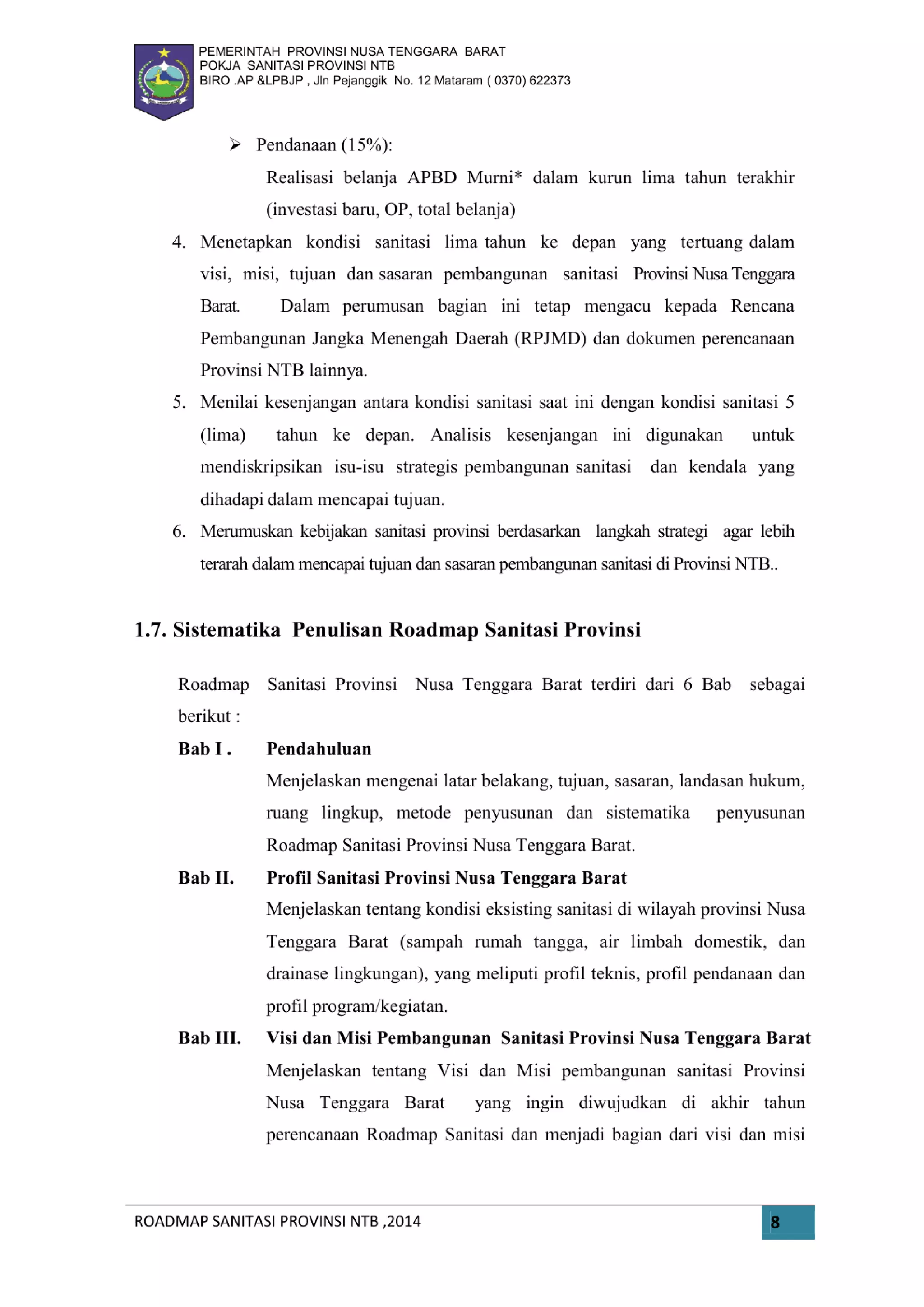 Roadmap sanitasi provinsi ntb tahun 2014 ( i vi fsd) | PDF