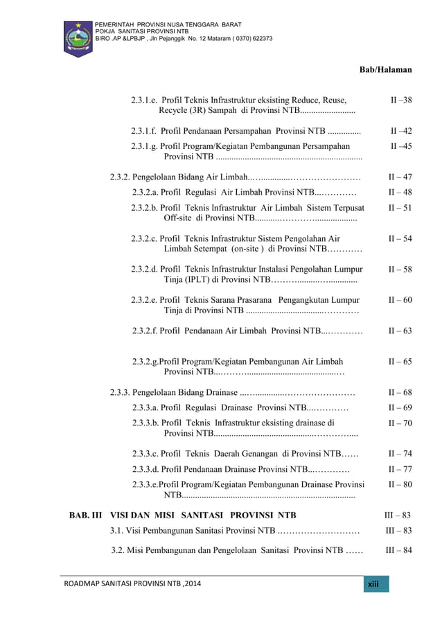 Roadmap sanitasi provinsi ntb tahun 2014 ( i vi fsd) | PDF