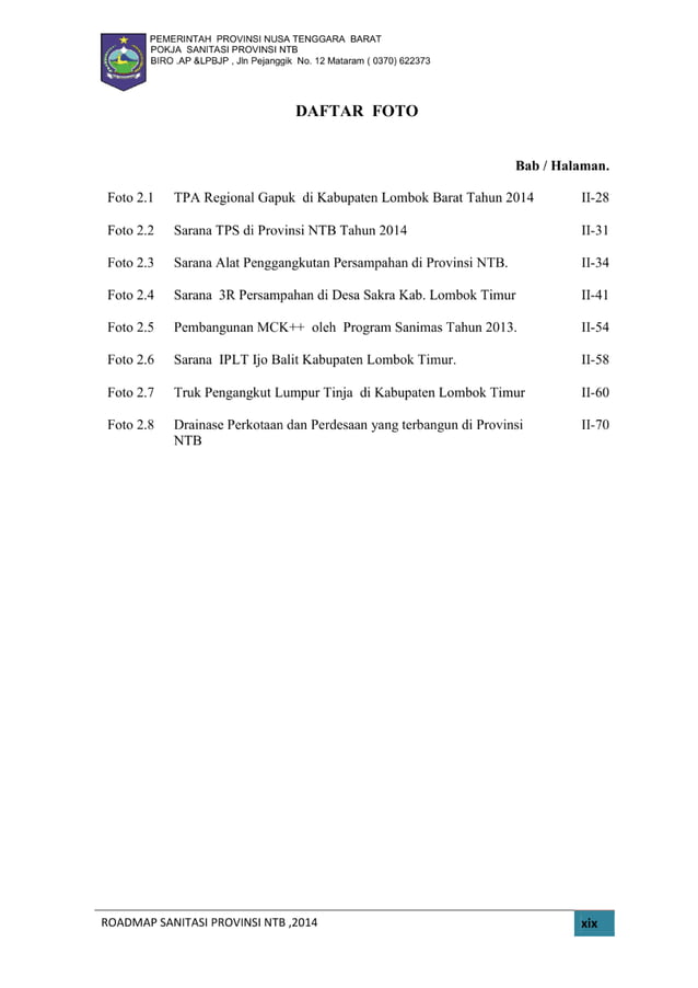 Roadmap sanitasi provinsi ntb tahun 2014 ( i vi fsd) | PDF