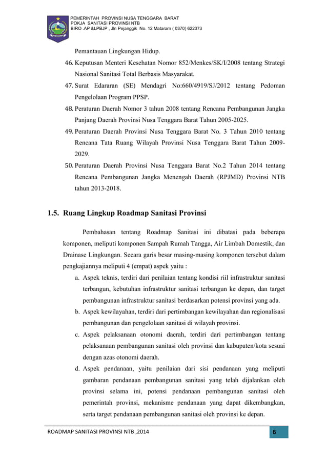 Roadmap sanitasi provinsi ntb tahun 2014 ( i vi fsd) | PDF