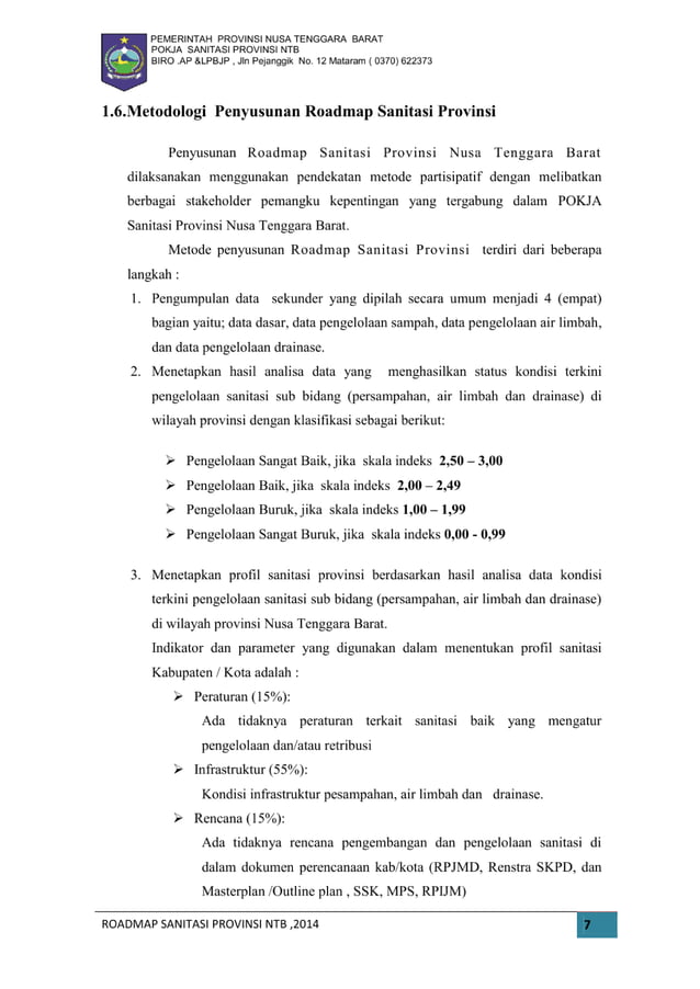 Roadmap sanitasi provinsi ntb tahun 2014 ( i vi fsd) | PDF