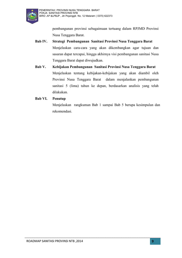 Roadmap sanitasi provinsi ntb tahun 2014 ( i vi fsd) | PDF