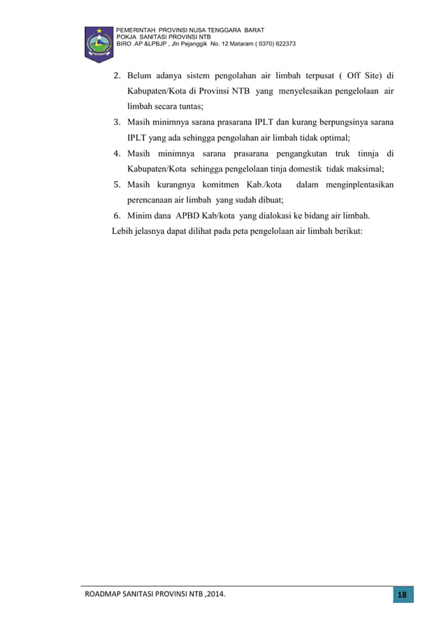 Roadmap sanitasi provinsi ntb tahun 2014 ( i vi fsd) | PDF
