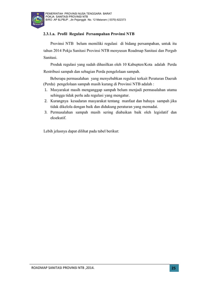 Roadmap sanitasi provinsi ntb tahun 2014 ( i vi fsd) | PDF