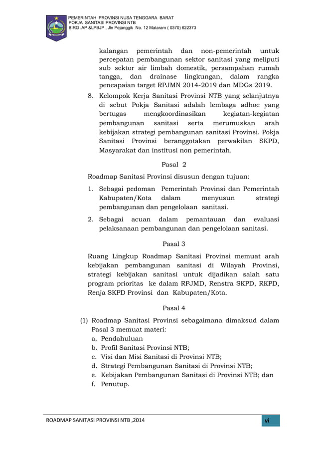 Roadmap sanitasi provinsi ntb tahun 2014 ( i vi fsd) | PDF
