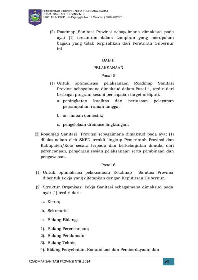 Roadmap sanitasi provinsi ntb tahun 2014 ( i vi fsd) | PDF
