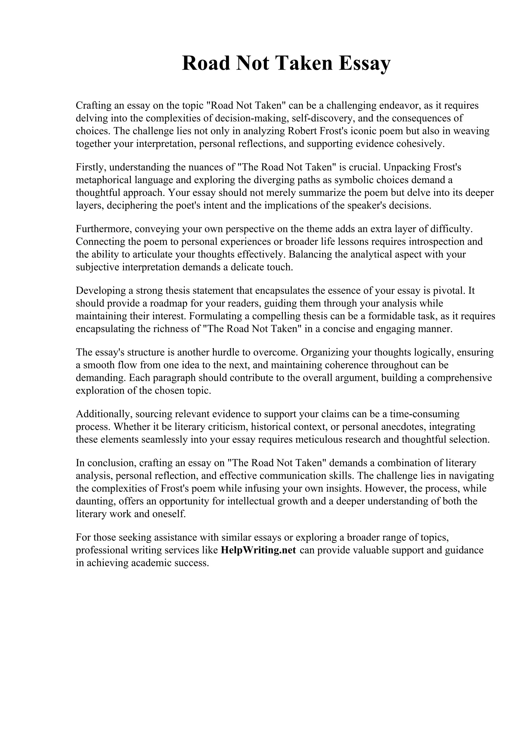 Road Not Taken Essay. Rochester Institute of Technology | PDF