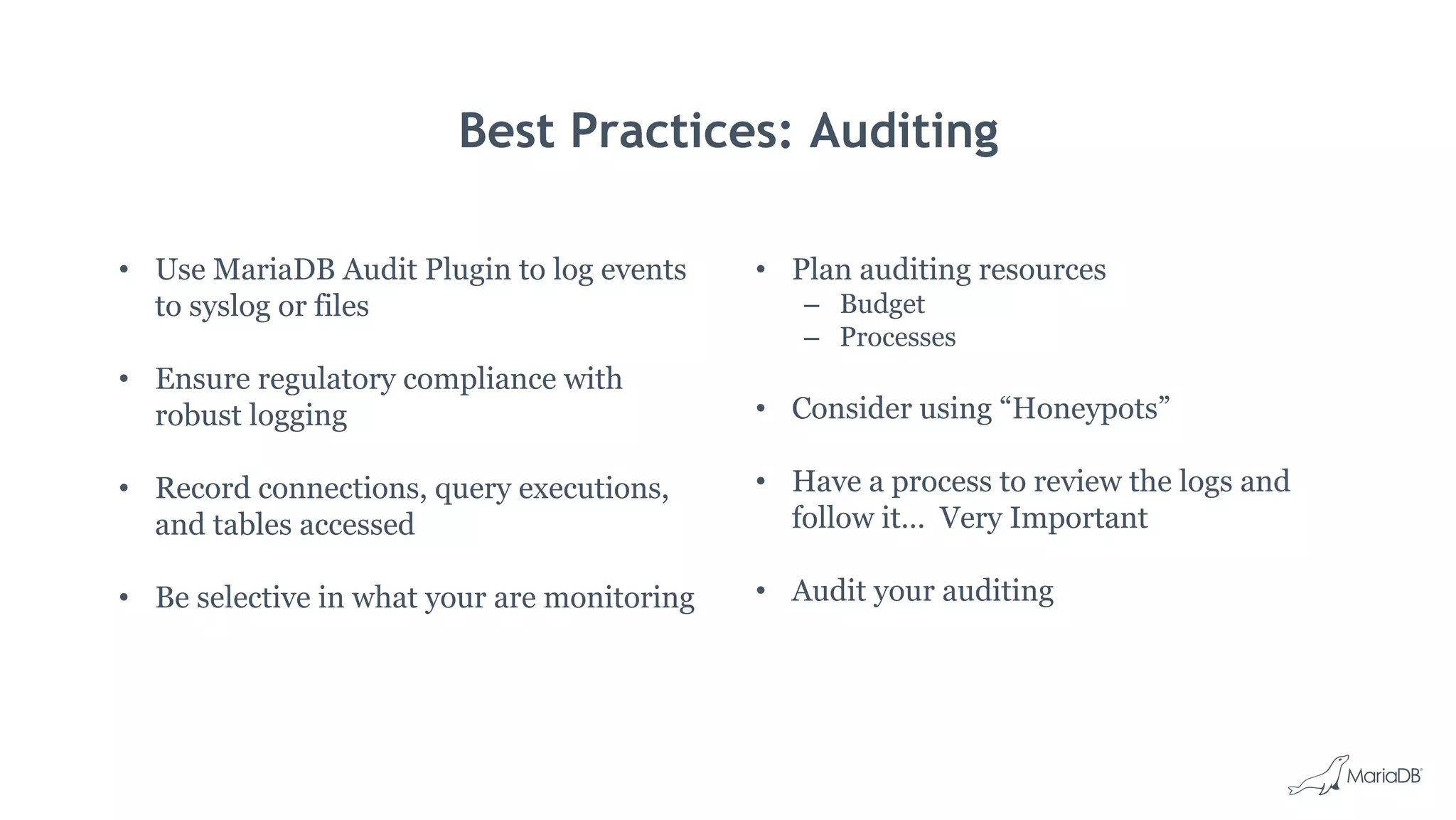 Database Security Threats Mariadb Security Best Practices Ppt