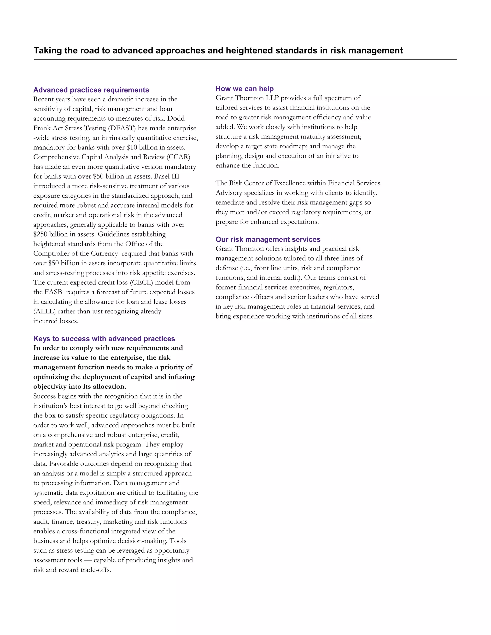 Taking the road to advanced approaches and heightened standards in risk ...