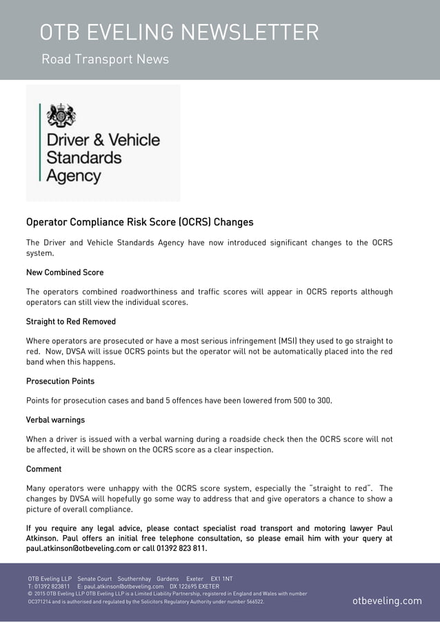 Road Transport News - Operator Compliance Risk Score (OCRS) Changes | PDF