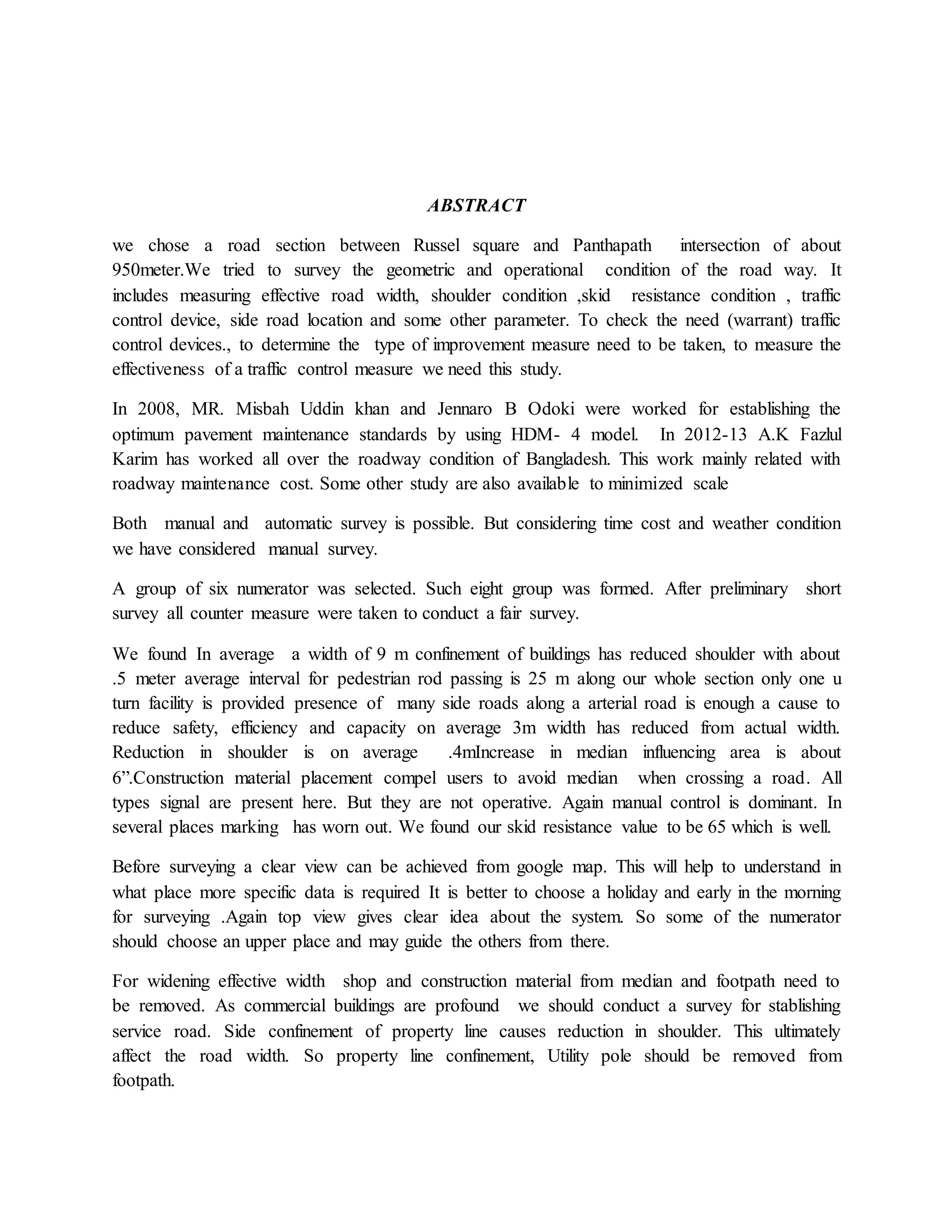Roadway condition survey full report(BUET) | DOCX