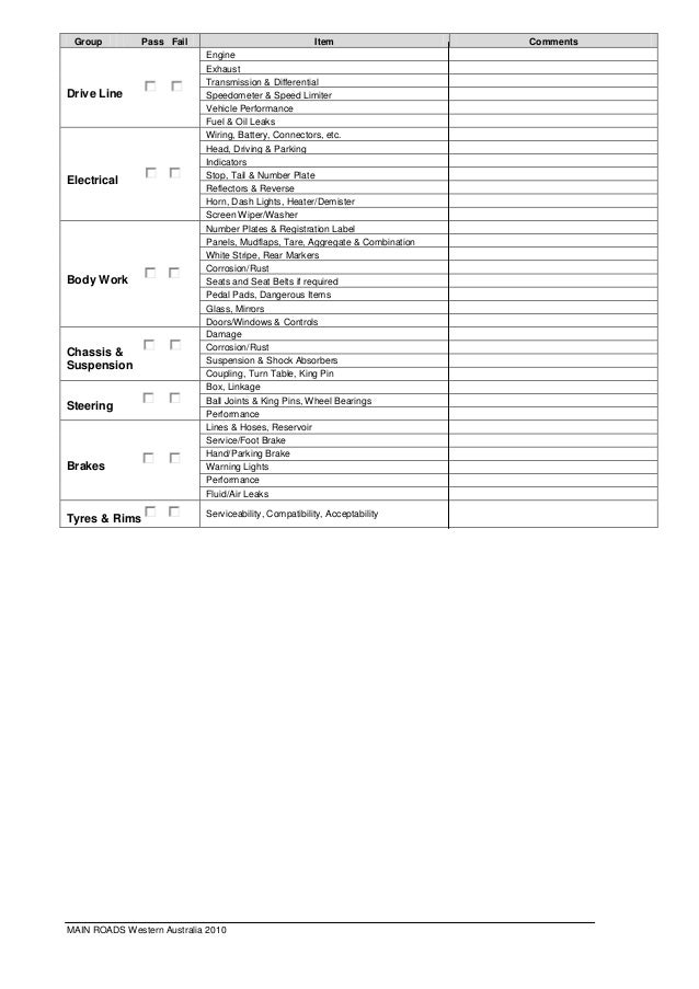 Roadworthiness checklist (single vehicle)