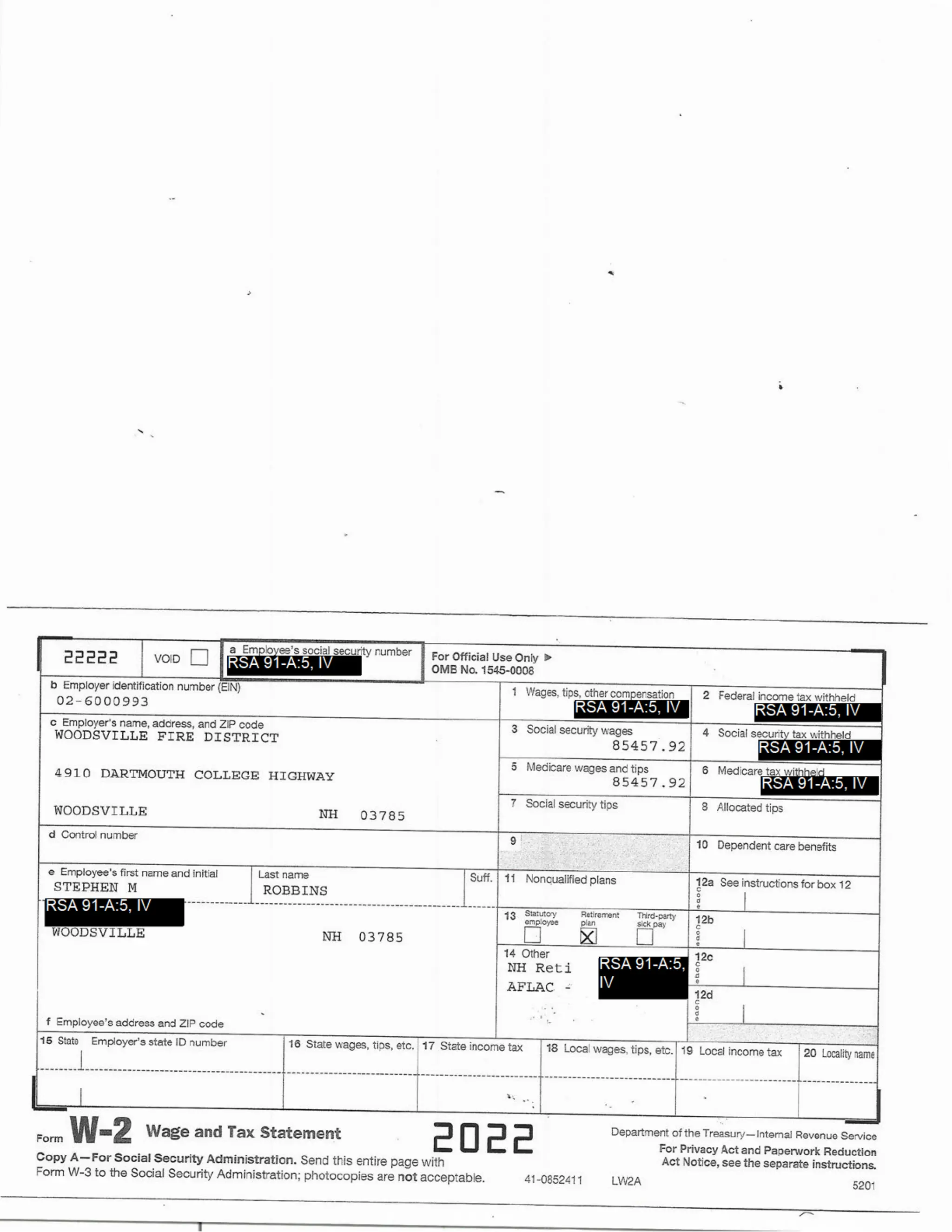 Redacted W-2s from Steve Robbins being Employed by the Woodsville ...