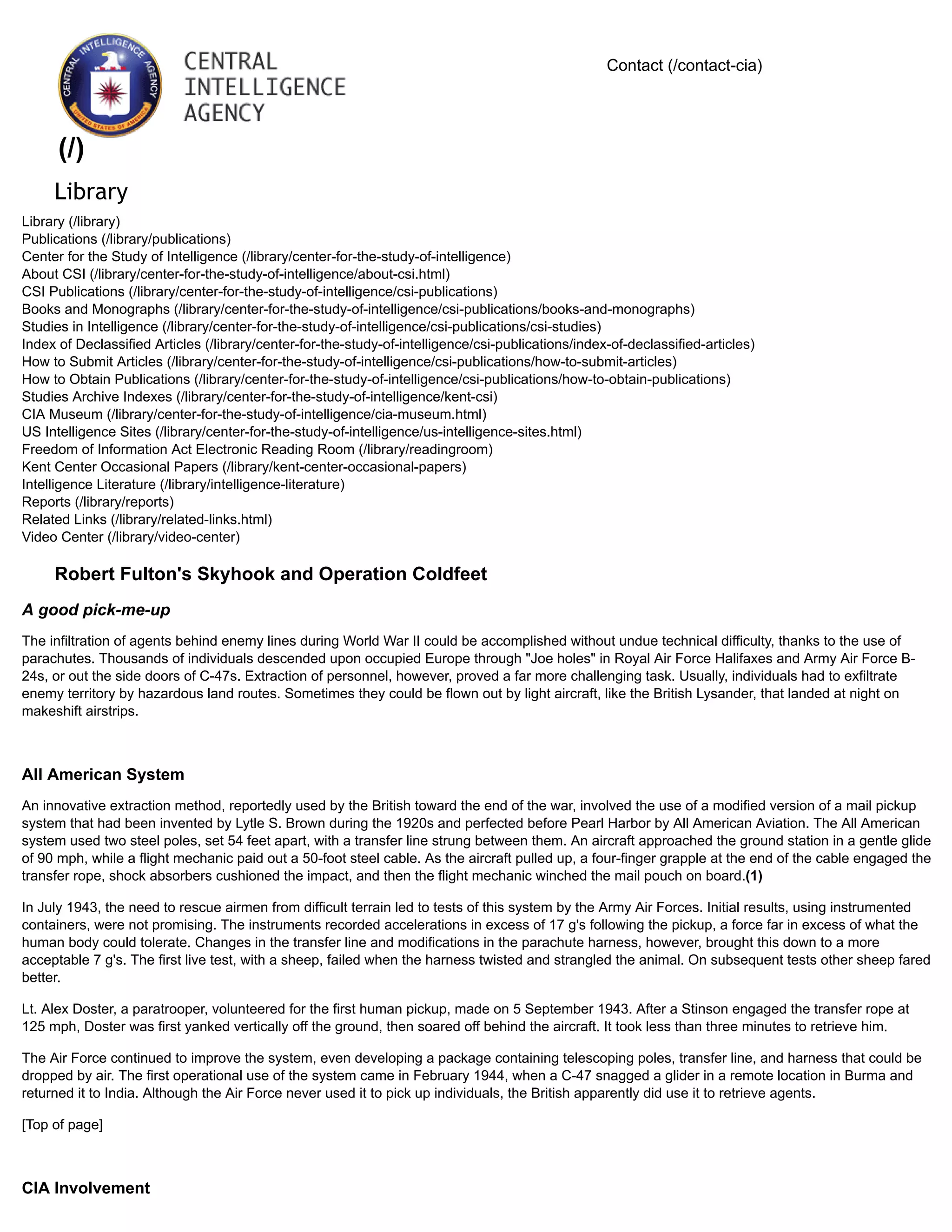 Robert fulton's skyhook and operation coldfeet — central intelligence ...
