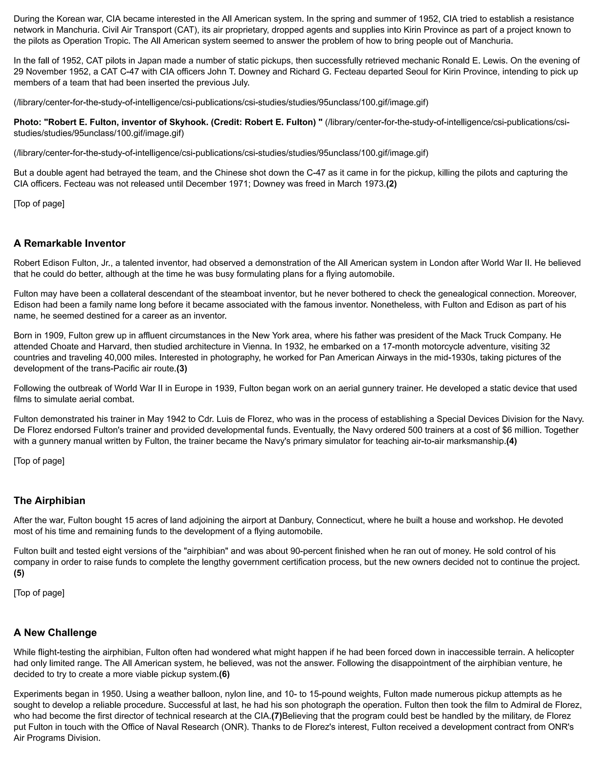 Robert fulton's skyhook and operation coldfeet — central intelligence ...