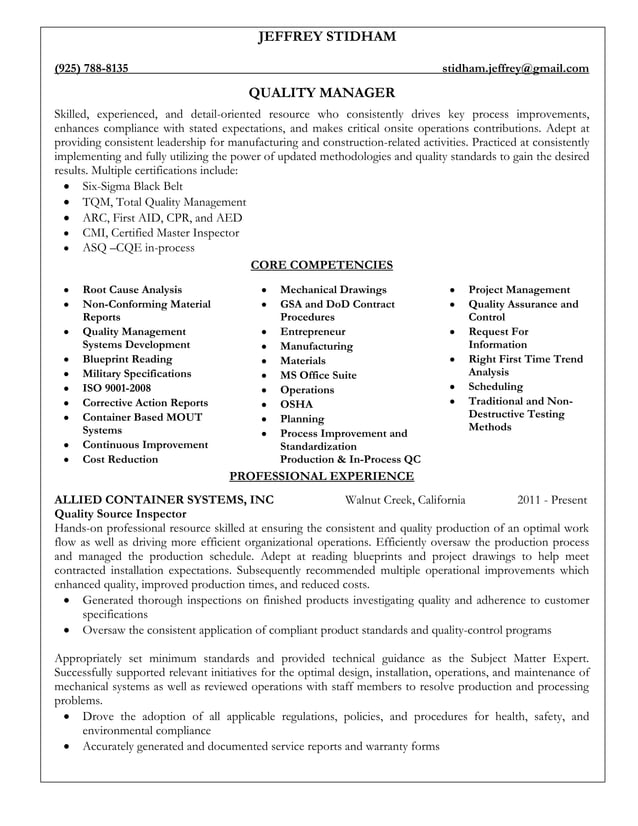 Robert Jeffrey Stidham Quality Manager | PDF