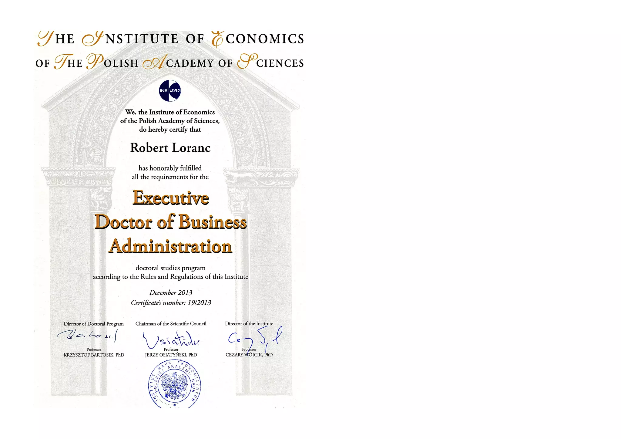 Executive Doctor of Business Administration Certificate - Robert Loranc ...