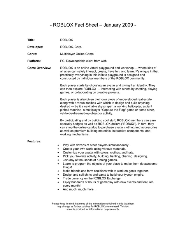 Roblox Fact Sheet | PDF | Free Download