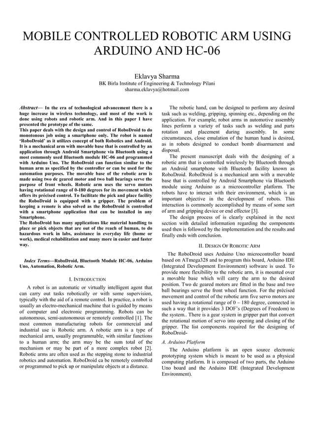 MOBILE CONTROLLED ROBOTIC ARM USING ARDUINO AND HC-06 | PDF