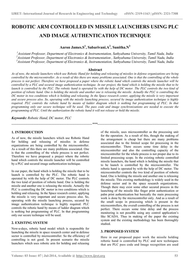 Robotic arm controlled in missile launchers using plc and image authentication technique | PDF