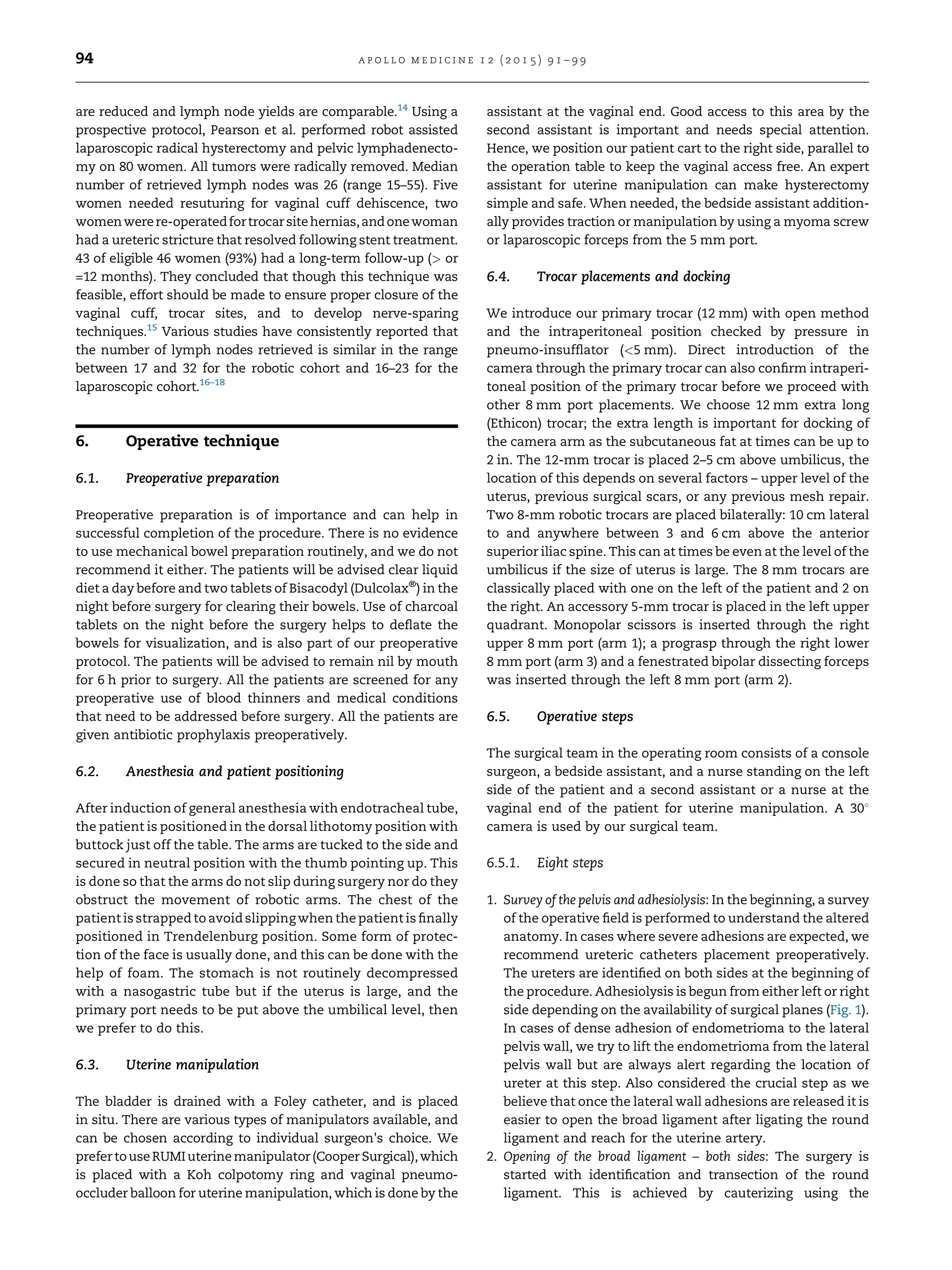 Robotic hysterectomy: A review of indications, technique, outcome, and ...