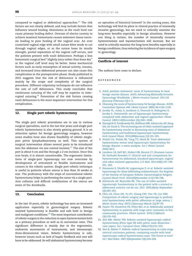 Robotic hysterectomy: A review of indications, technique, outcome, and complications | PDF