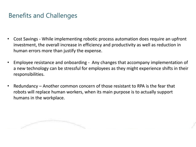 Robotic Process Automation - Benefits, Challenges and Return on Investment | PPTX | Robotics ...