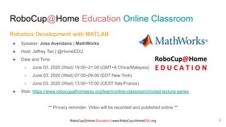 Robotics Development with MATLAB - Jose Avendano 2020.06.03 | RoboCup@Home Education | PDF
