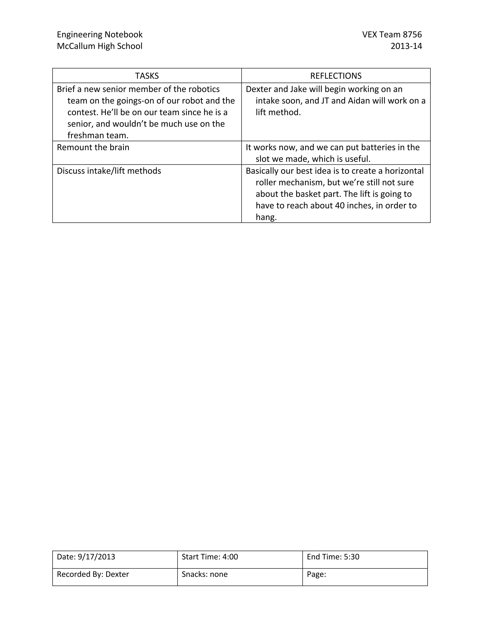 2013-14 VEX Toss Up Engineering Notebook | PDF